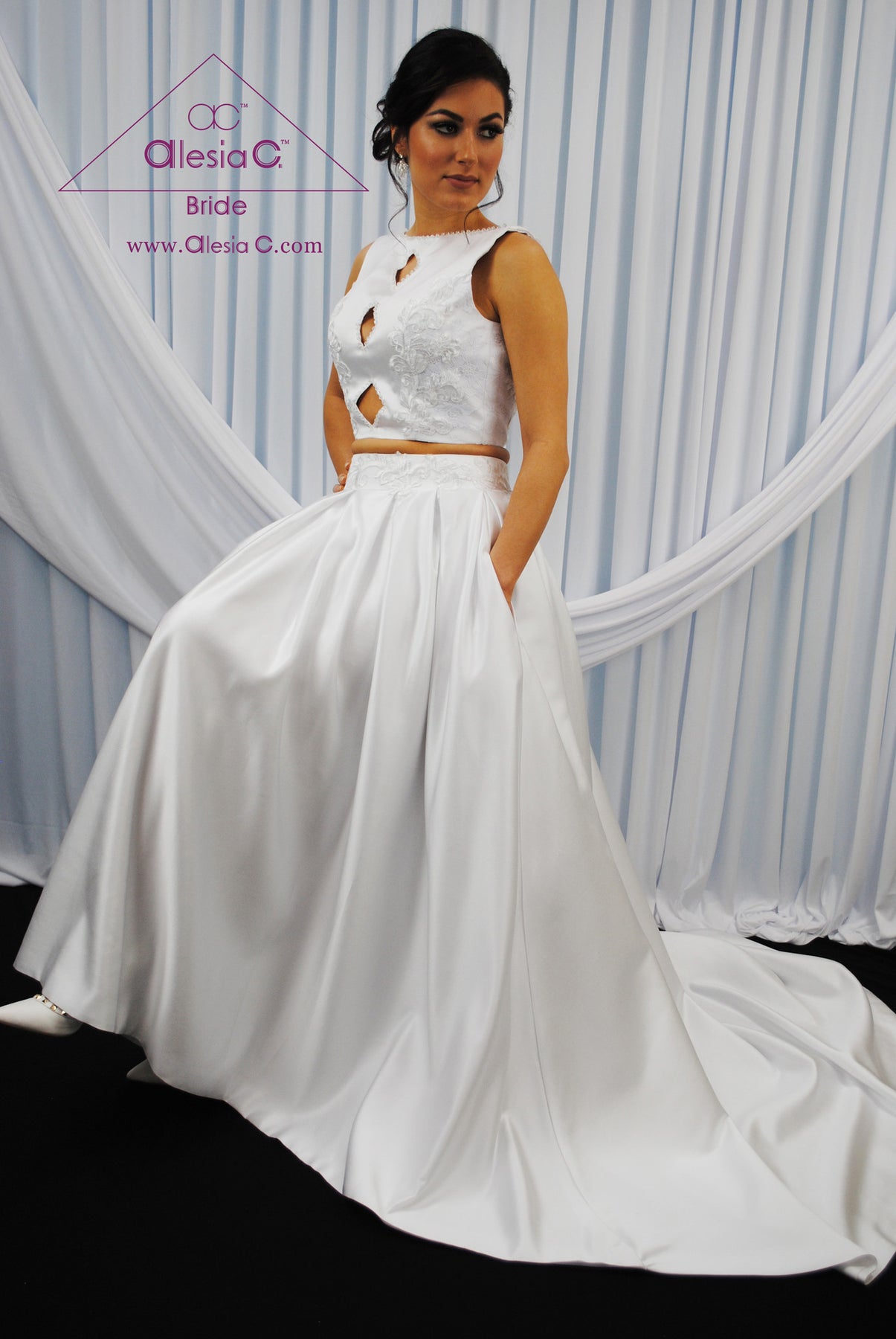 MODERNA Two-Piece Rhombus Cut-Out Front Low Back Satin Bridal Gown ...