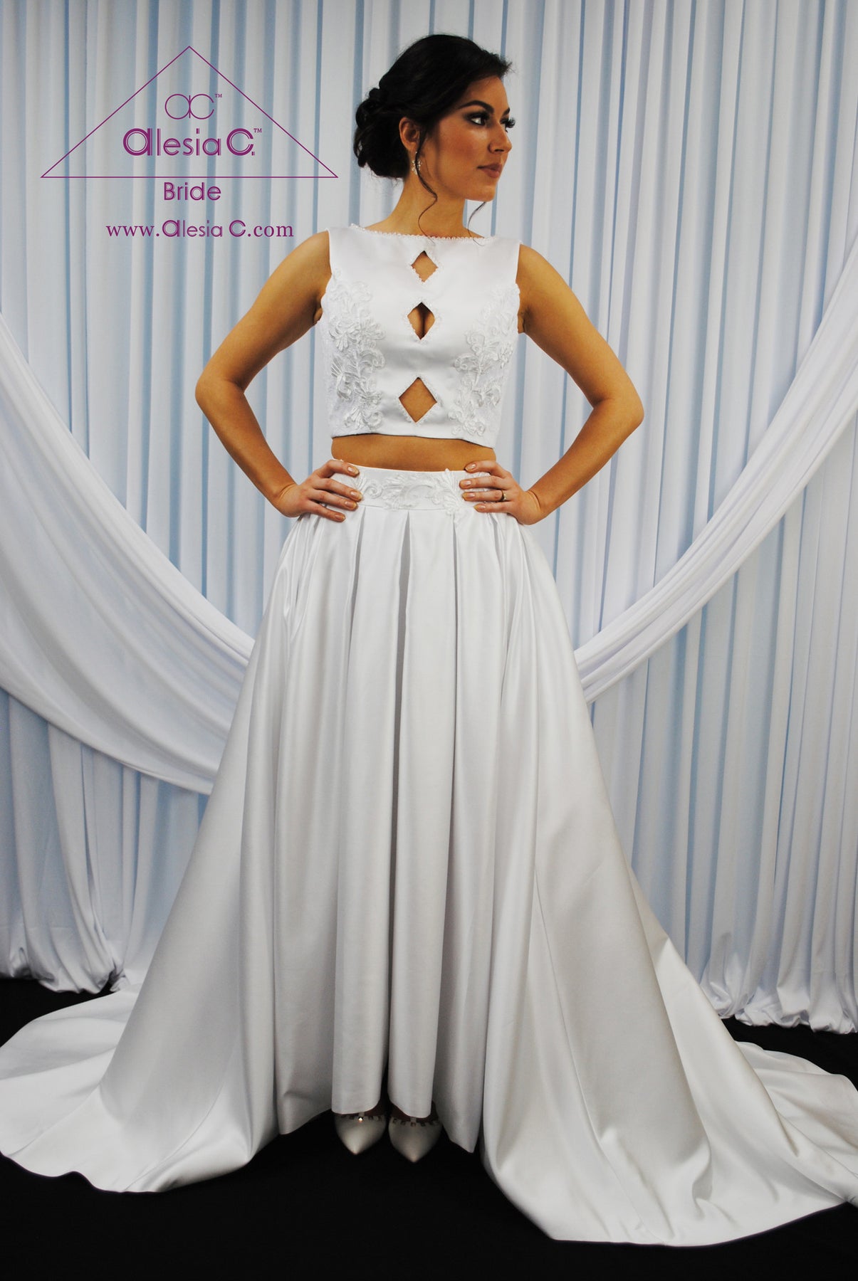 MODERNA Two-Piece Rhombus Cut-Out Front Low Back Satin Bridal Gown ...