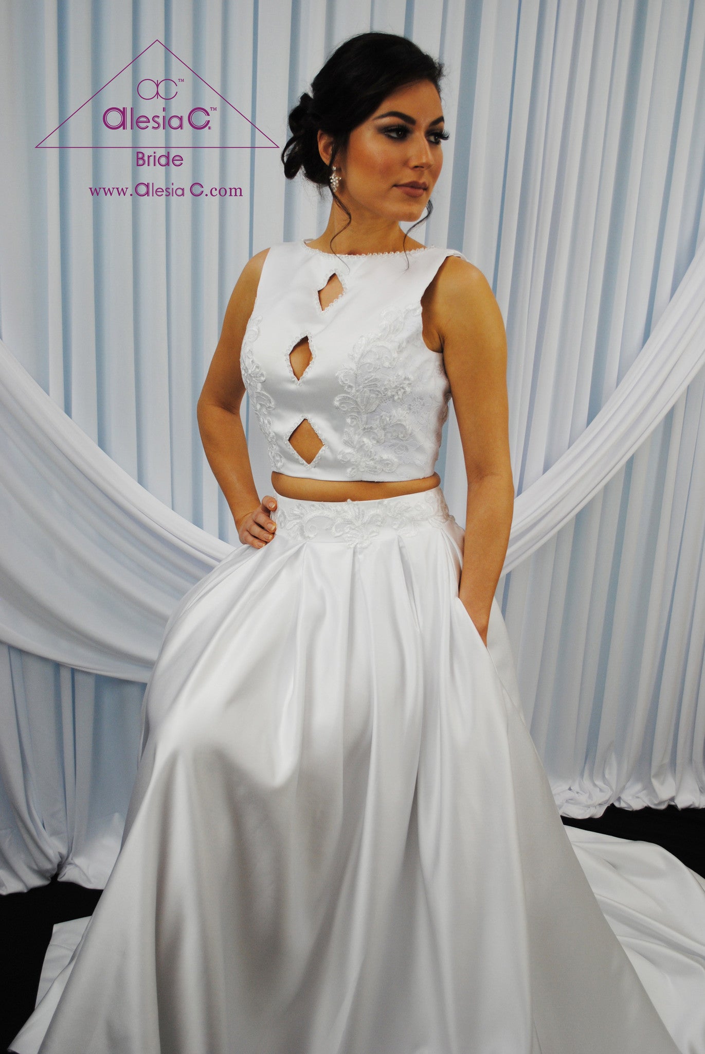 MODERNA Two-Piece Rhombus Cut-Out Front Low Back Satin Bridal Gown ...