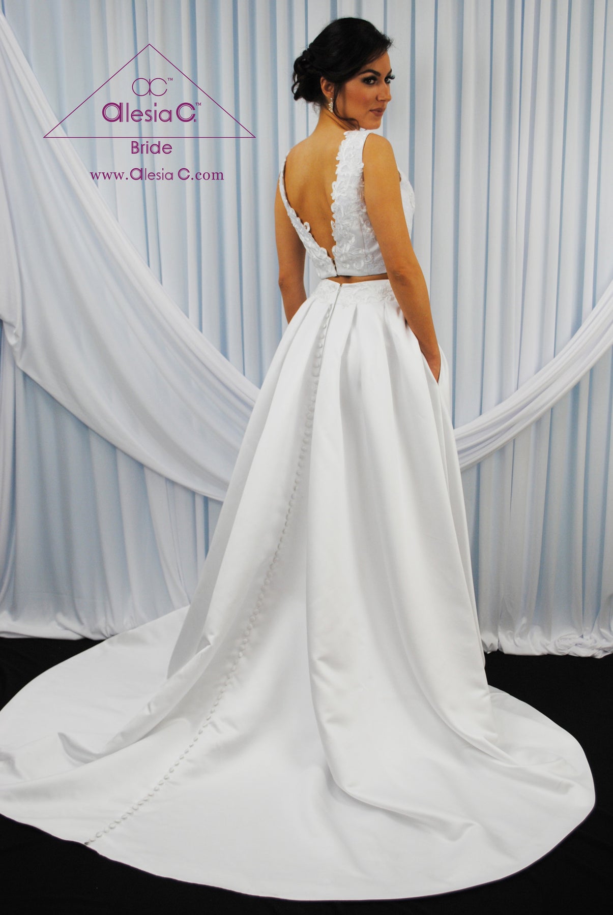 MODERNA Two-Piece Rhombus Cut-Out Front Low Back Satin Bridal Gown ...